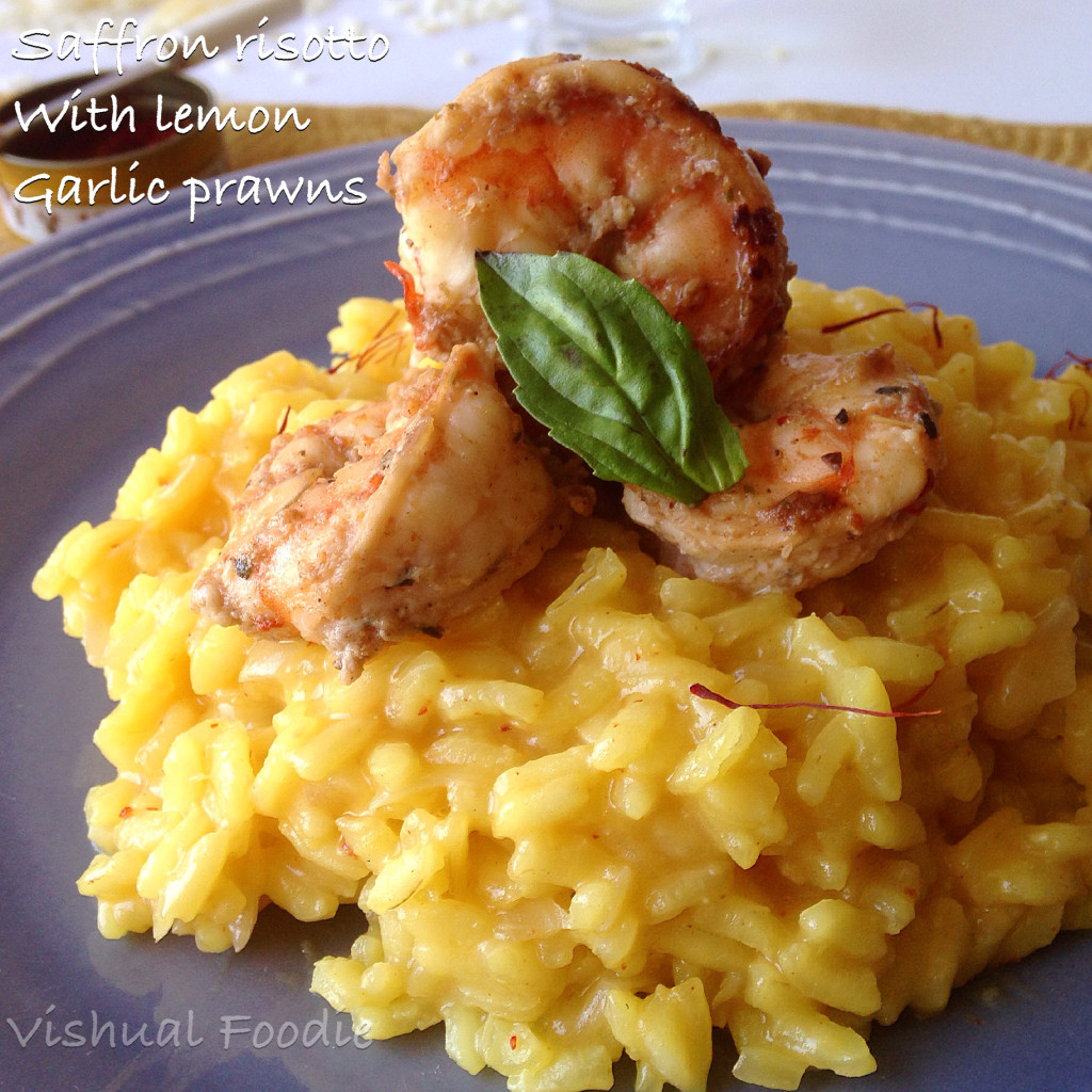 Saffron risotto with lemon garlic prawns
